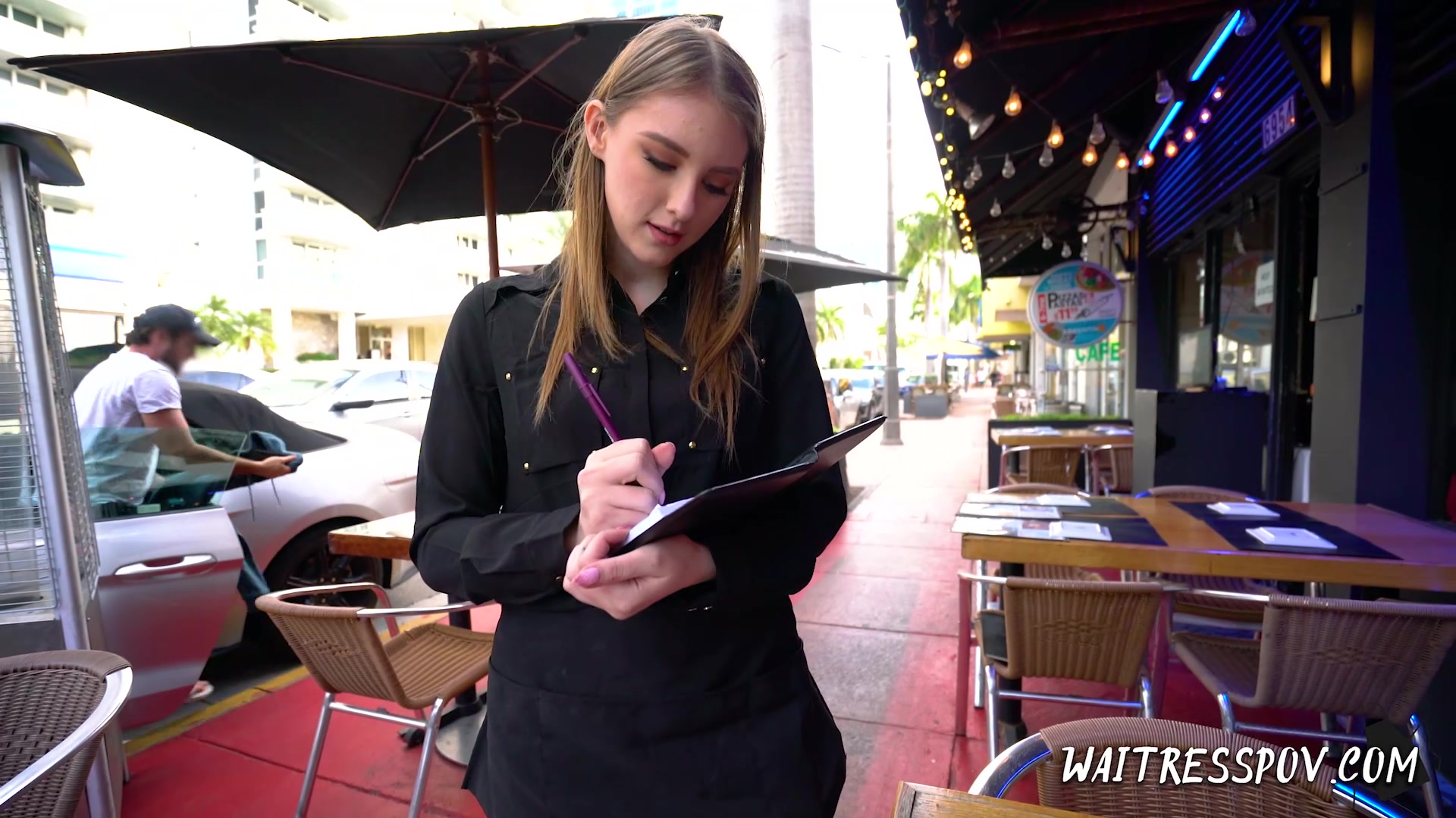 Cute waitress Melody Marks gives her head and gets fucked on POV camera ...